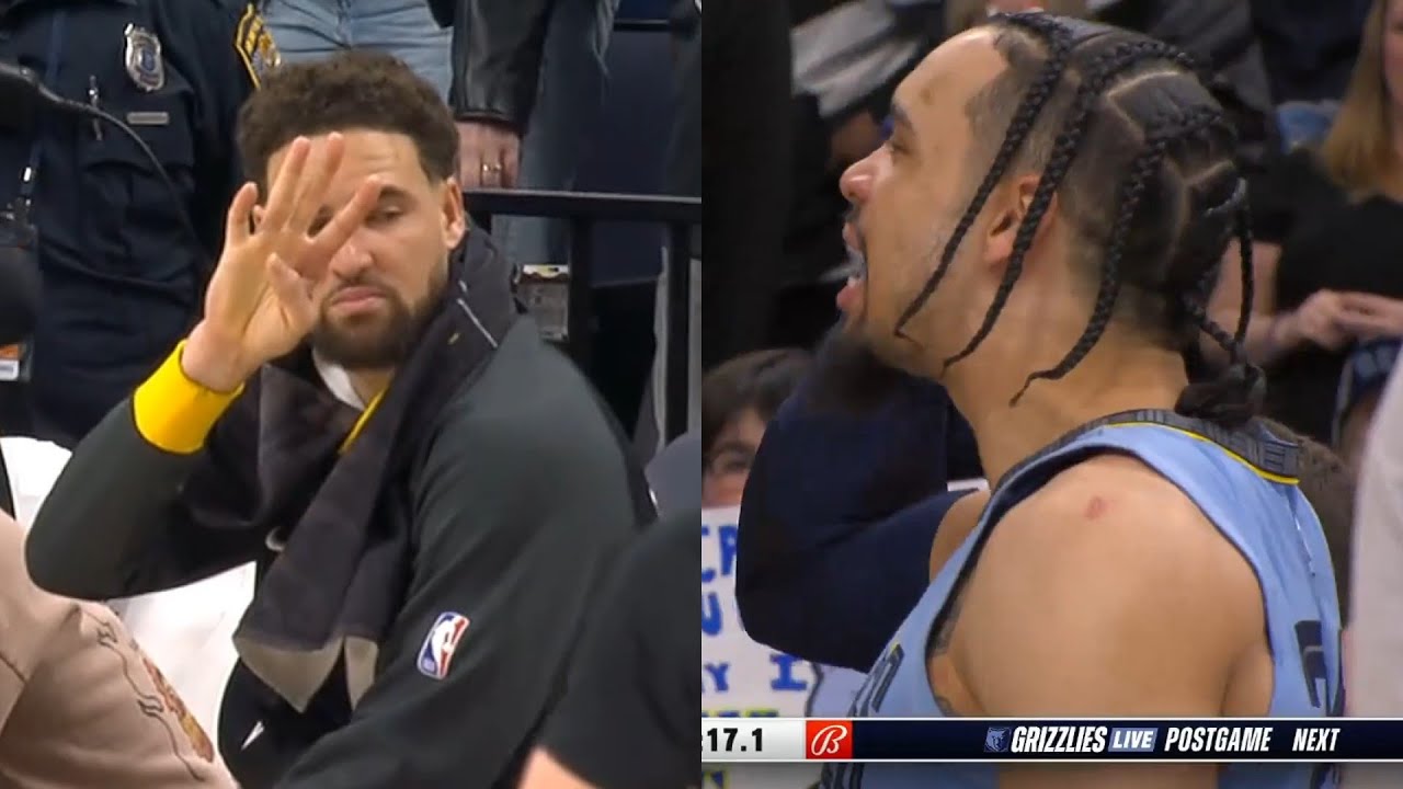 Klay Thompson似乎忍受不了Dillon Brooks整場的挑釁，在完場前向他比出四冠手勢，Brooks手指著腦袋噴話還擊 | NBA地域 | 籃球地帶 - FanPiece
