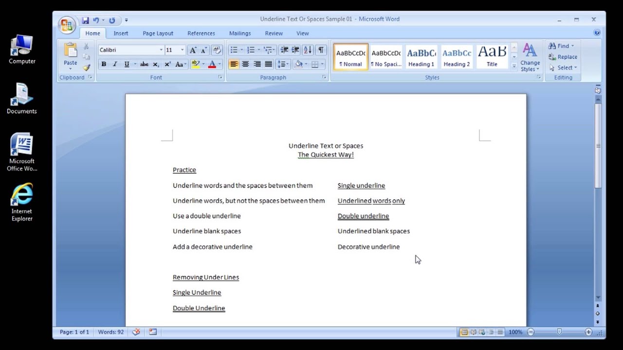 Microsoft Word 2007 Underline Text Or Spaces YouTube