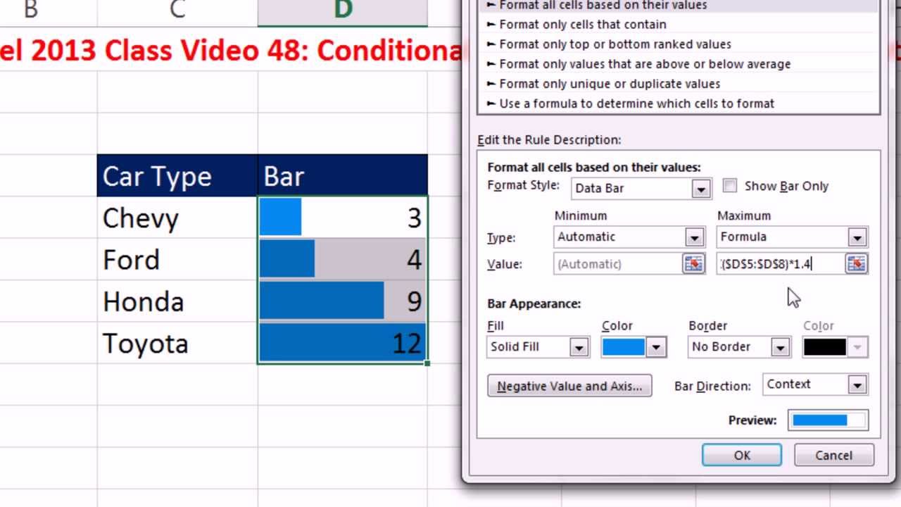 Highline Excel 2013 Class Video 48 Conditional Formatting Bar Chart With Data Labels YouTube
