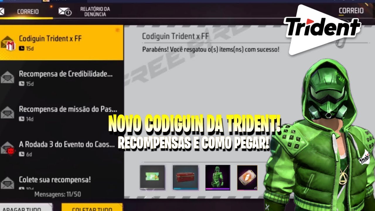FUI O PRIMEIRO A PEGAR O NOVO CODIGUIN FREE FIRE DA TRIDENT! TODAS AS RECOMPENSAS E COMO PEGAR ...