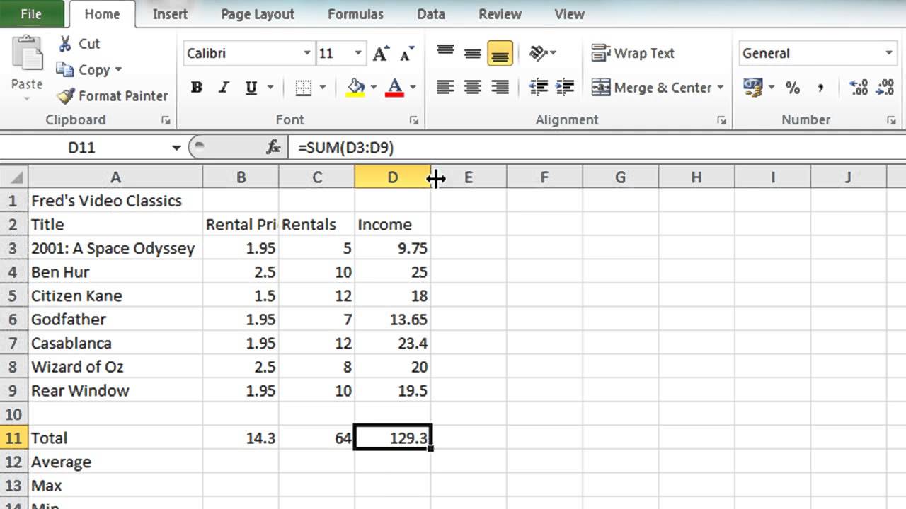 Excel 2010 Tutorial For Beginners 4 AutoSum Function Microsoft