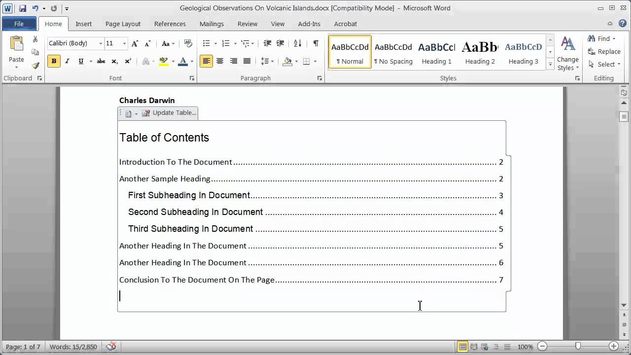 Creating A Table Of Contents In A Word Document Part 2 YouTube